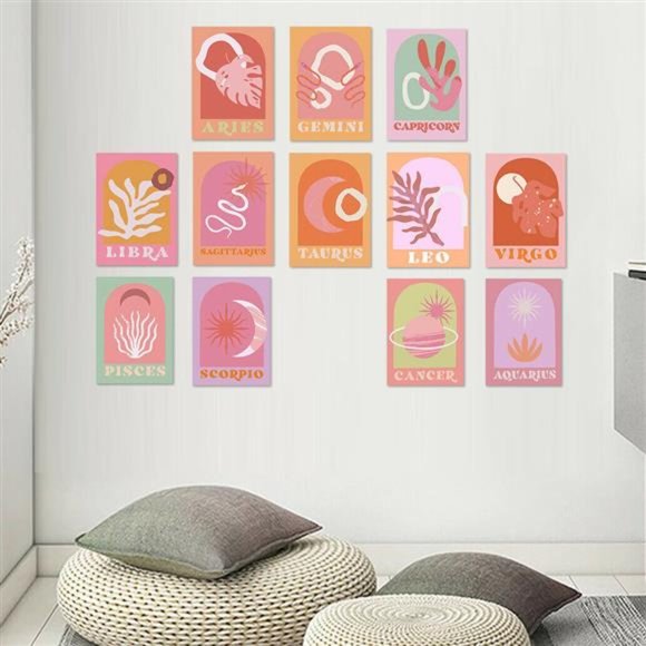 Art | Pink Zodiac Sign Plant Horoscope Posters Wall Art Decor Set Of 12 ...